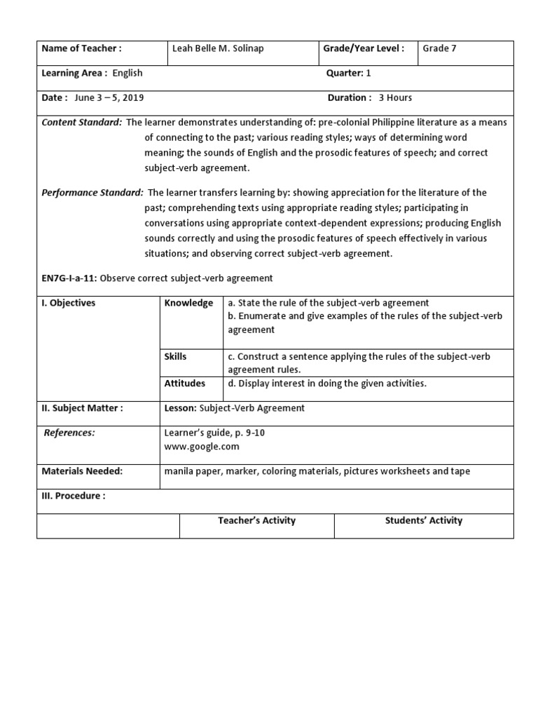 Subject-Verb Agreement: A Three-Day Lesson Plan for Seventh Grade Students | PDF | Lesson Plan ...