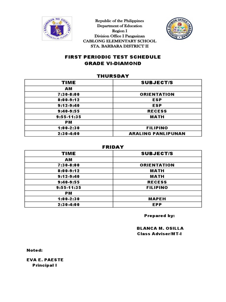 Time Schedule First Periodic Test | PDF | Philippines | Learning