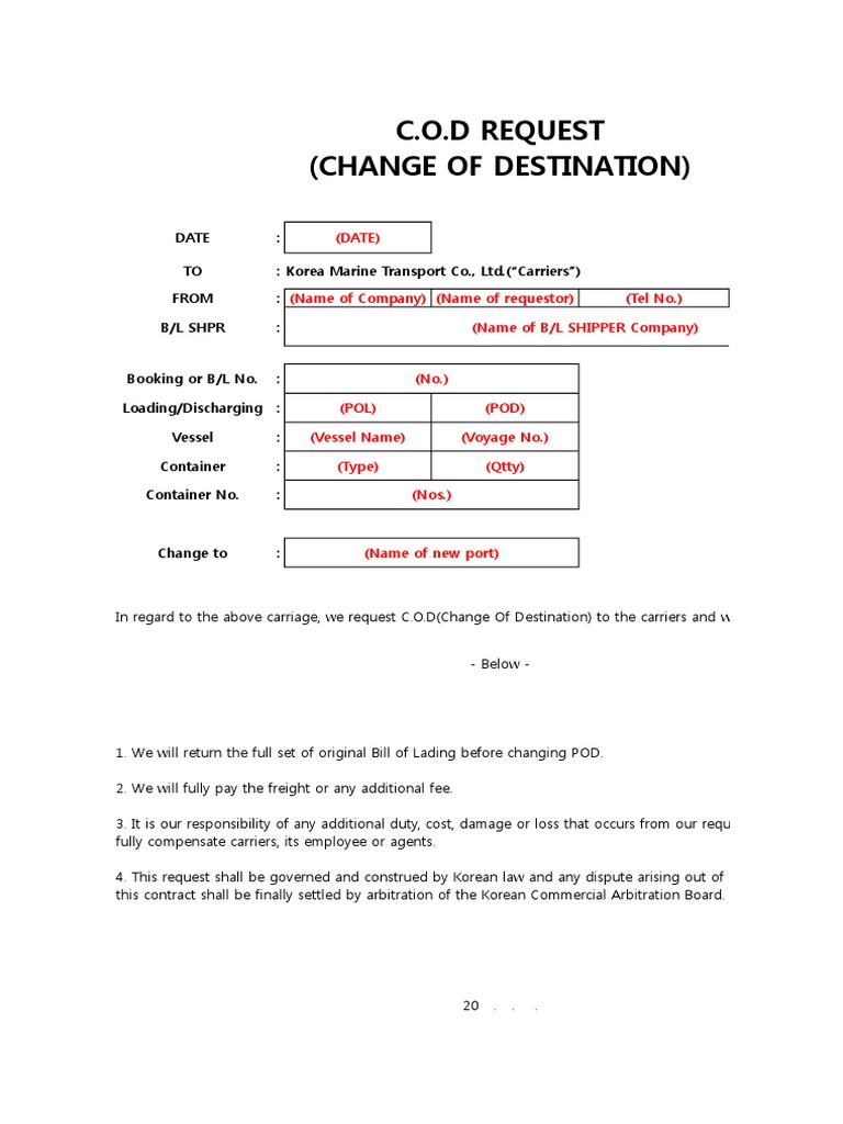 COD Change of Destination Request | PDF