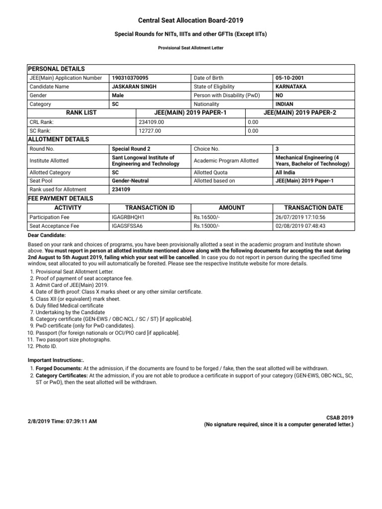Personal Details: Central Seat Allocation Board-2019 | PDF