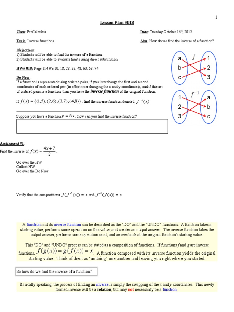 PreCalculus Fall 2012 Lesson 018 - Inverse Functions | PDF | Function (Mathematics ...