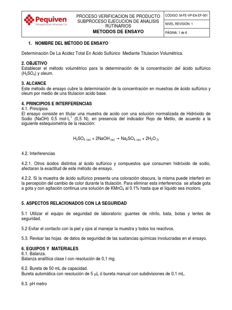 M-FE-VP-EA-E-001 Determinación de La Acidez Total en Acido Sulfúrico PDF | PDF | Valoración ...