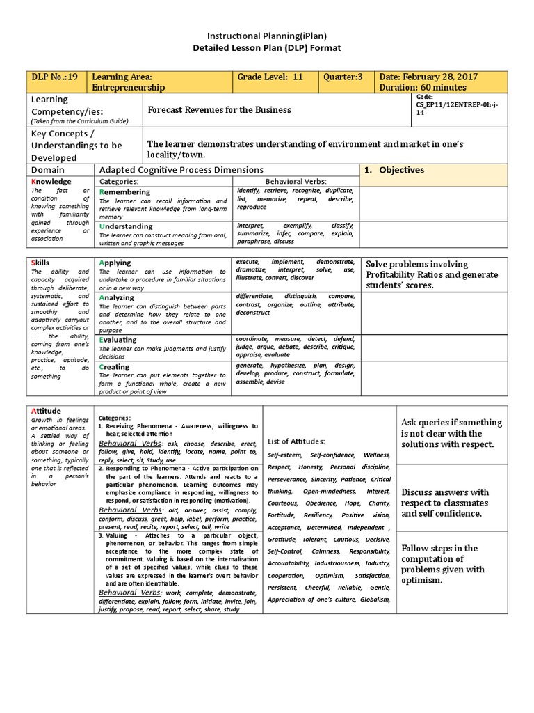 Instructional Planning (Iplan) : Detailed Lesson Plan (DLP) Format ...