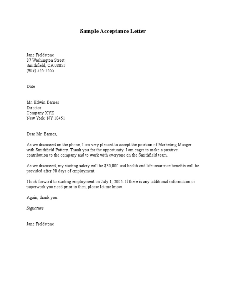 Sample Acceptance Letter: Signature | PDF