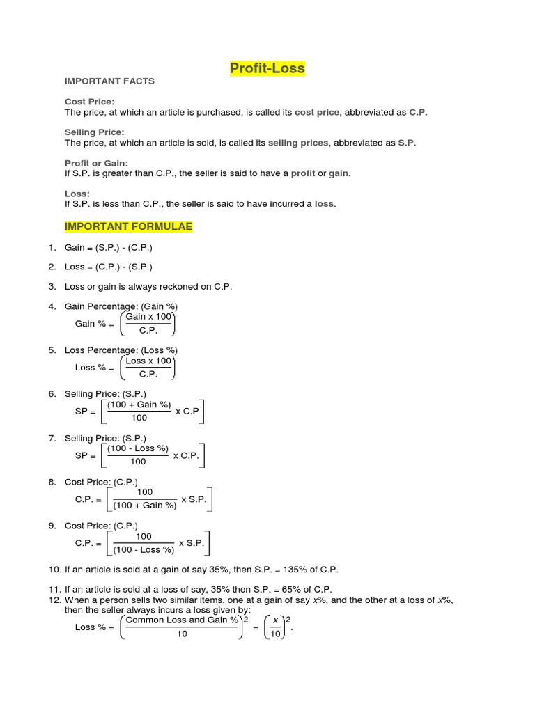 Profit-Loss Calculations - Formulas and Examples | PDF | Compound ...