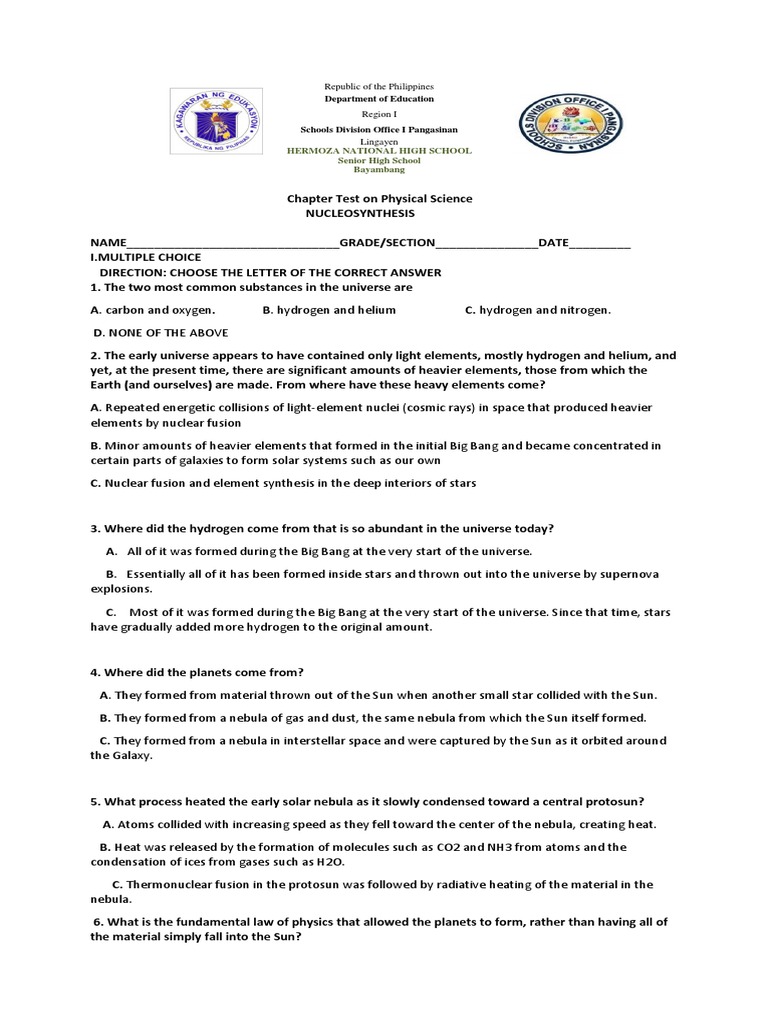 3rd Quarter Exam On NUCLEOSYNTHESIS | PDF | Formation And Evolution Of ...