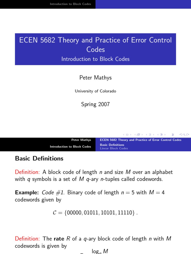 Ecen 5682 Theory And Practice Of Error Control Codes Introduction To Block Codes Pdf