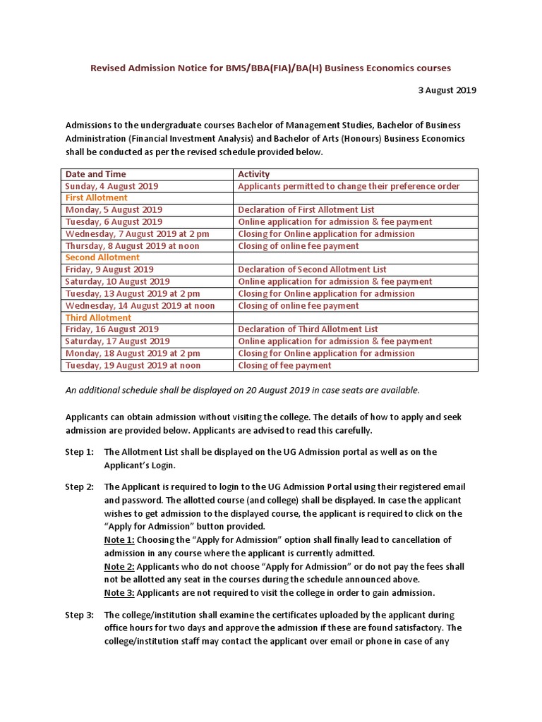 Revised Admission Schedule for BMS/BBA/BA | PDF | University And ...