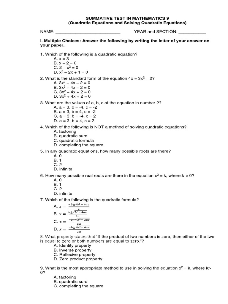 Math 9 TQ Q1 S1 | PDF | Quadratic Equation | Equations