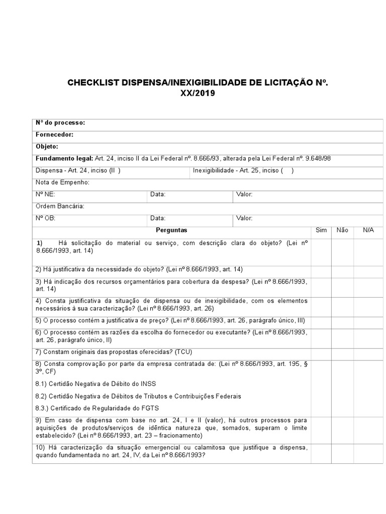 Modelo Checklist Dispensa Ou Inexigibilidade de Licitação | PDF ...