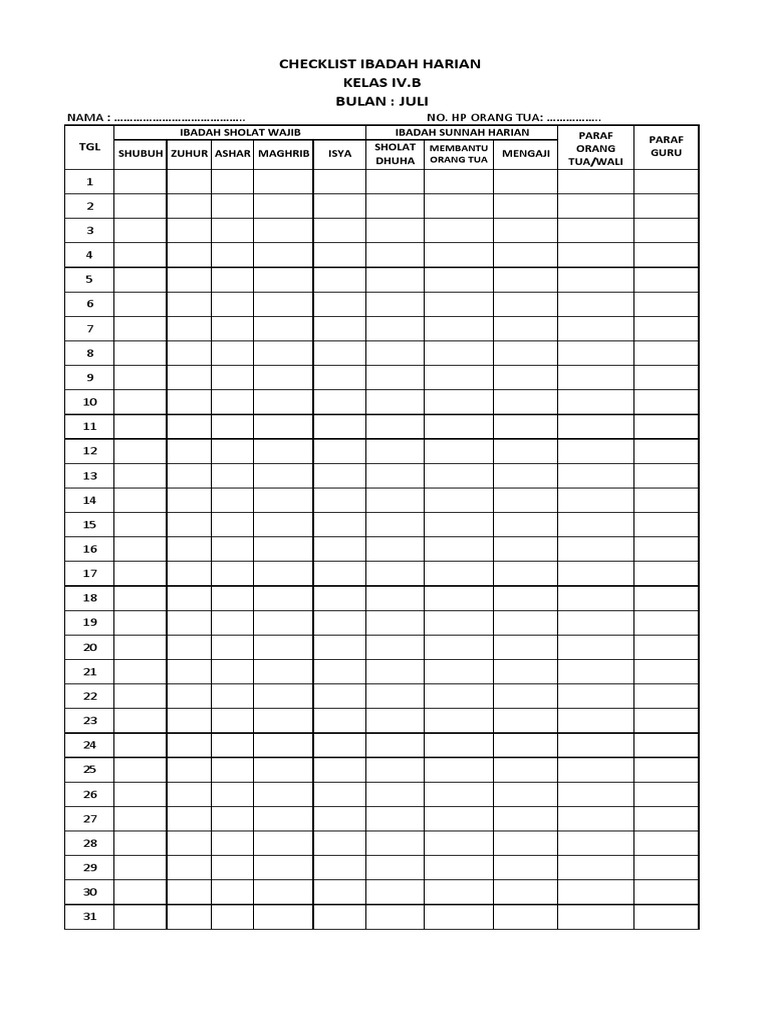 Form Checklist Ibadah Harian PDF | PDF