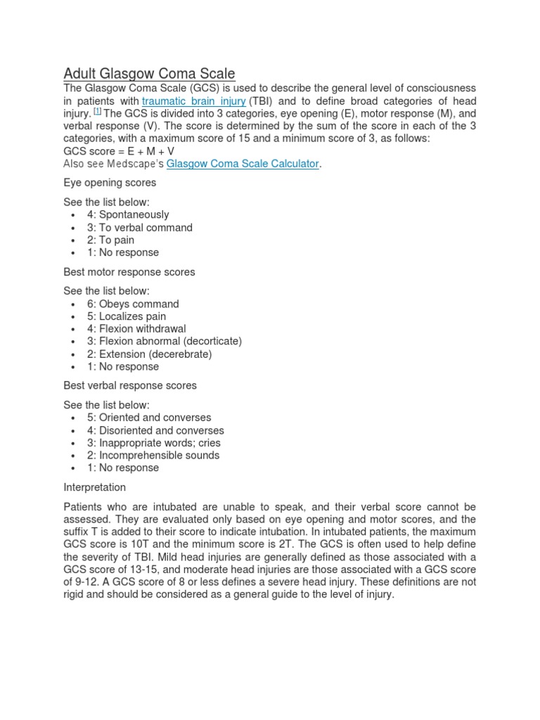 Adult Glasgow Coma Scale: Traumatic Brain Injury | PDF | Cerebrospinal ...