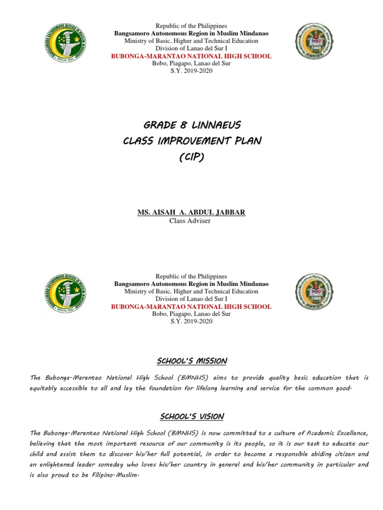 Grade 8 Linnaeus Class Improvement Plan (CIP) : Bangsamoro Autonomous Region in Muslim Mindanao ...