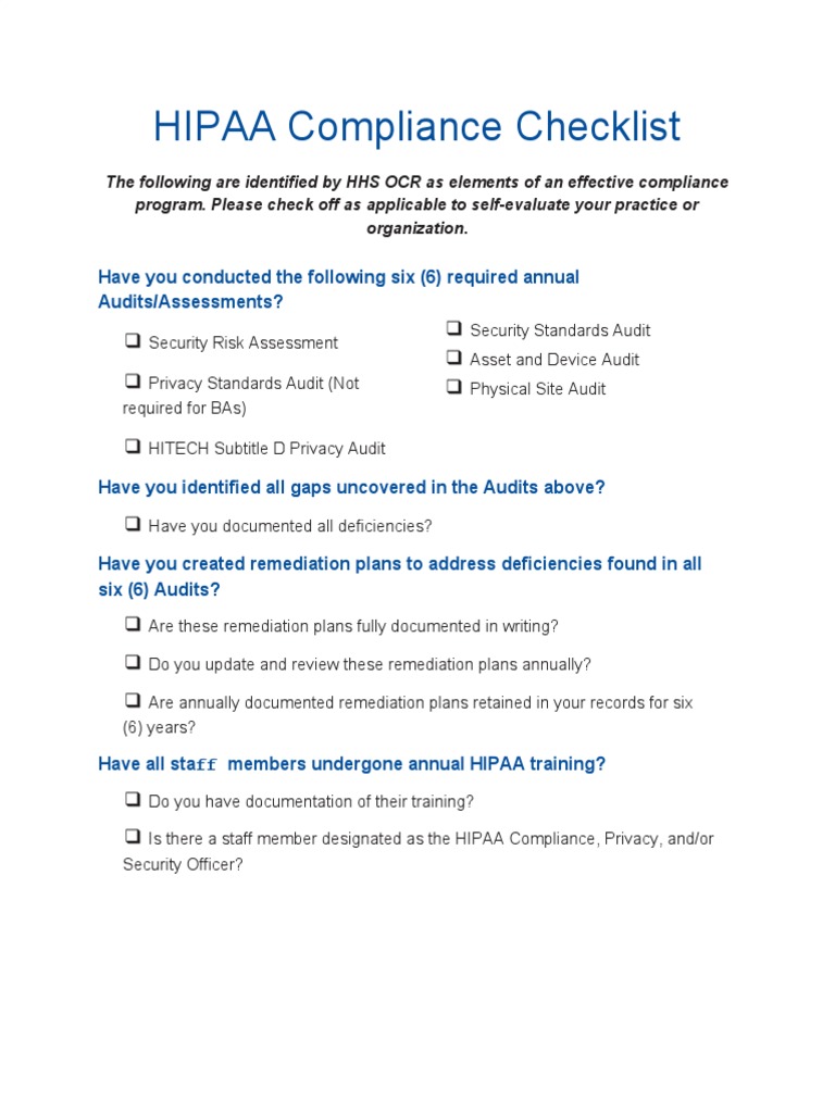 Hipaa Checklist | PDF | Health Insurance Portability And Accountability ...