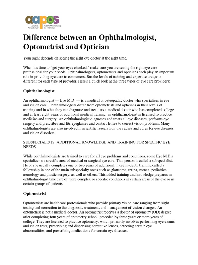 Ophthalmologist, Optometrist and Optician111123 PDF | PDF | Optometry ...