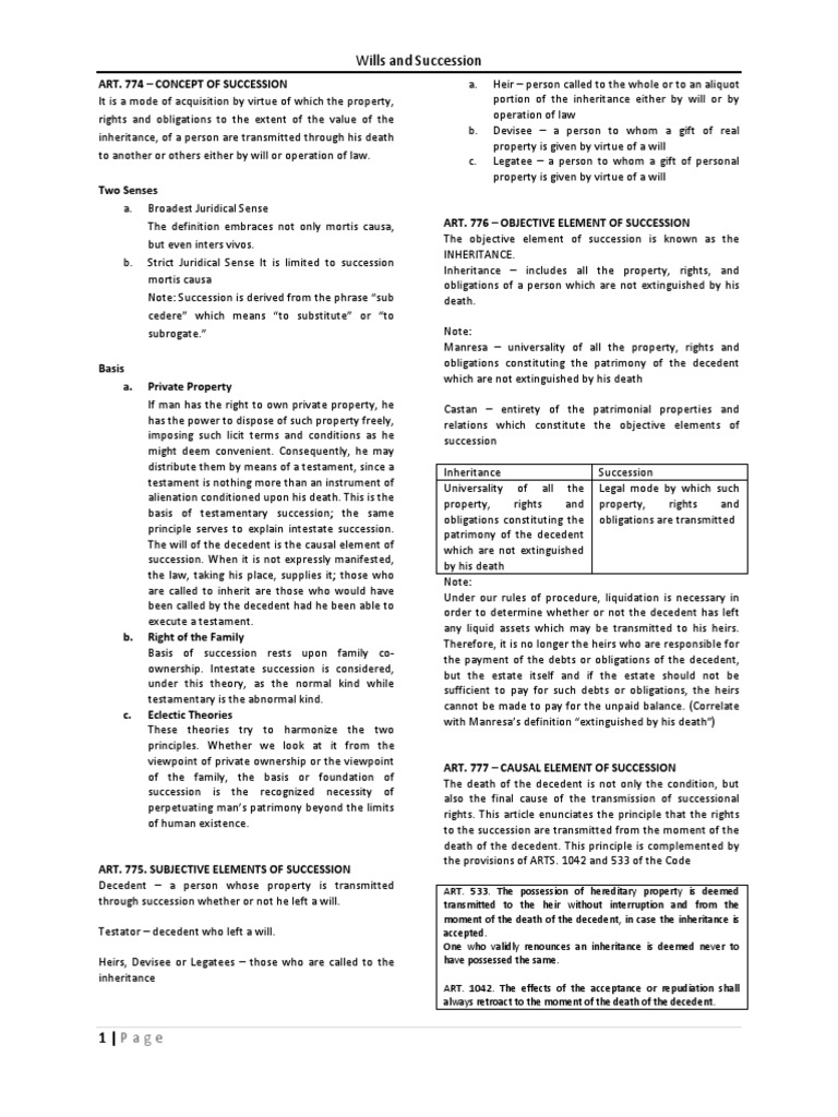 Wills and Succession: Art. 774 - Concept of Succession | PDF | Will And ...