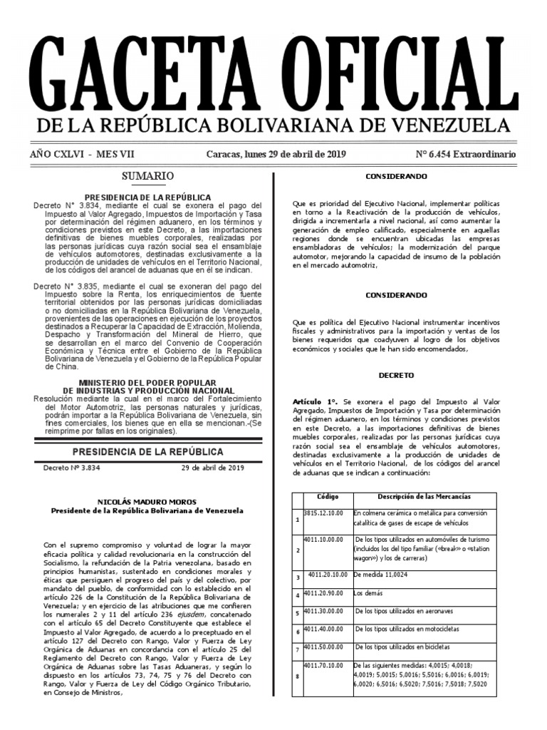 GOE 6.454 Exoneracion | PDF | aduana | Venezuela