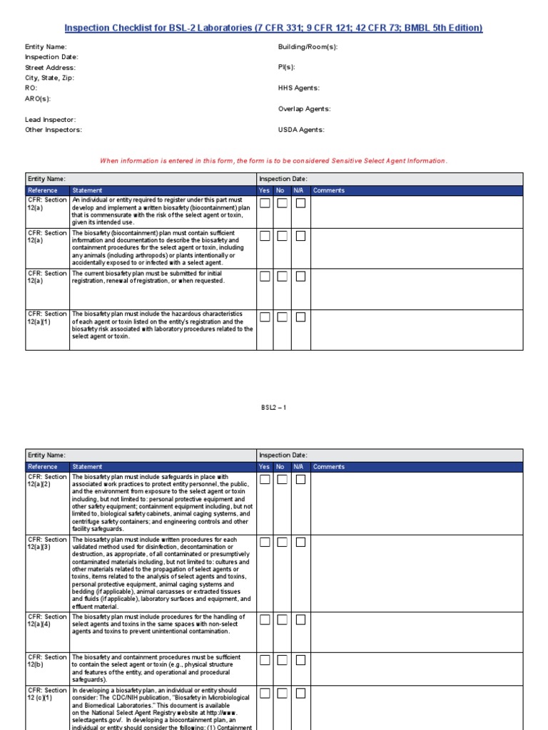 Inspection Checklist For BSL-2 Laboratories (7 CFR 331 9 CFR 121 42 CFR ...