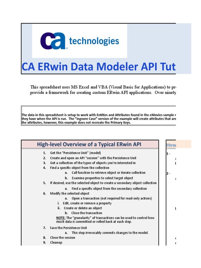 ERwinAPI TutorialSpreadsheet | PDF | Microsoft Excel | Macro (Computer Science)