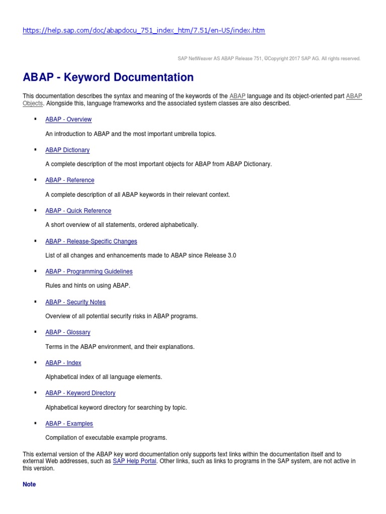 ABAP - Keyword Documentation | PDF | Reserved Word | Object Oriented ... ABAP - Keyword Documentation | PDF | Reserved Word | Object Oriented ...