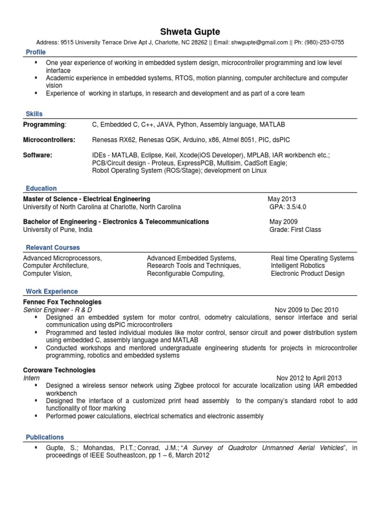 Embedded Engineer Resume Sample | PDF | Embedded System | Quadcopter