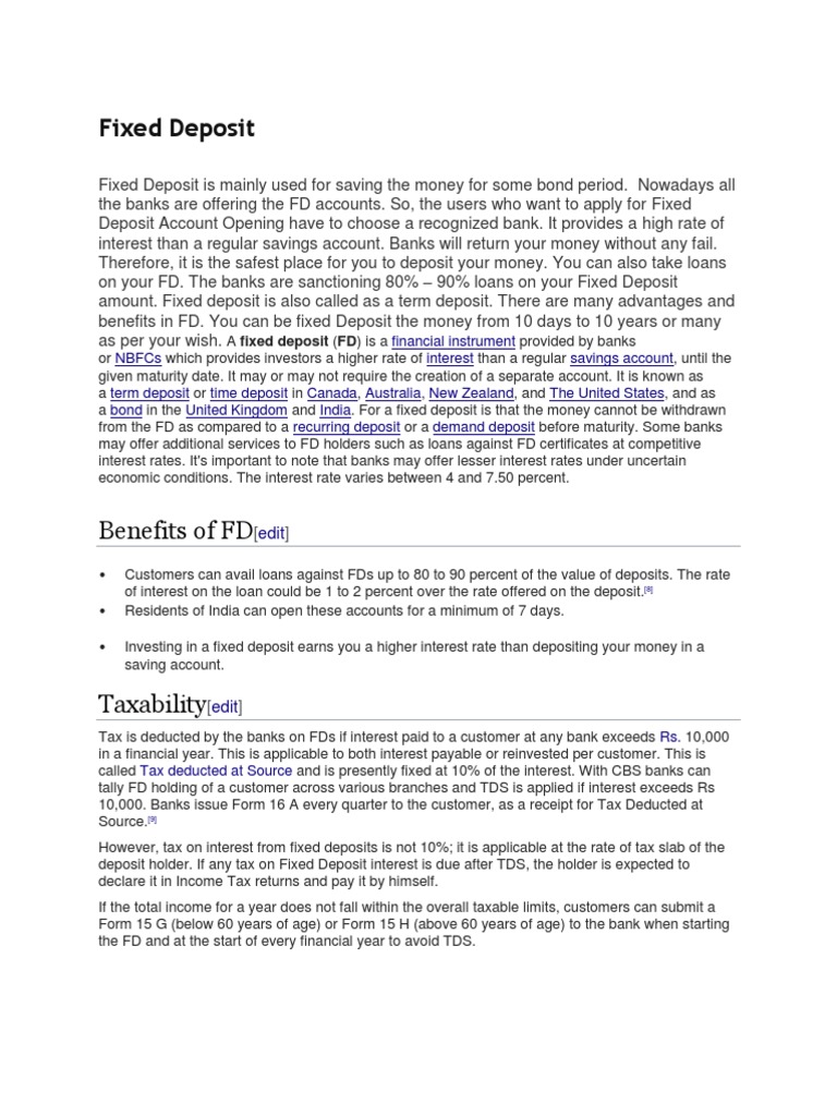 Fixed Deposit: Benefits of FD | PDF | Banking | Money