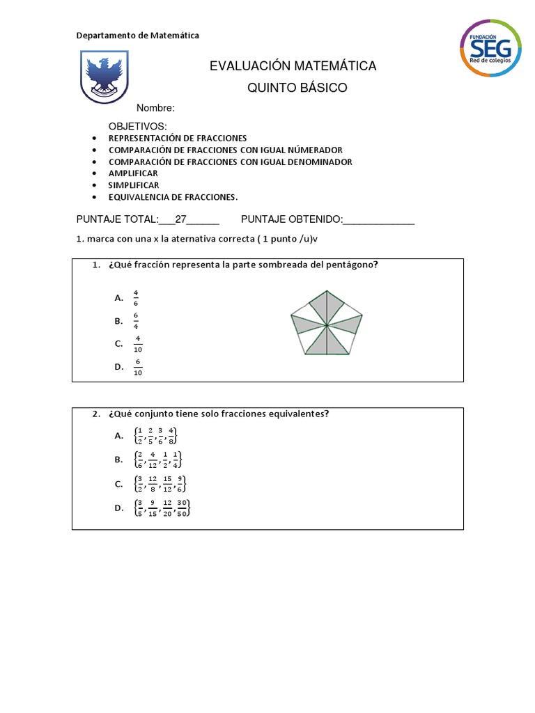 Evaluacion Intermedia Quinto | PDF | Fracción (Matemáticas) | Enseñanza ...