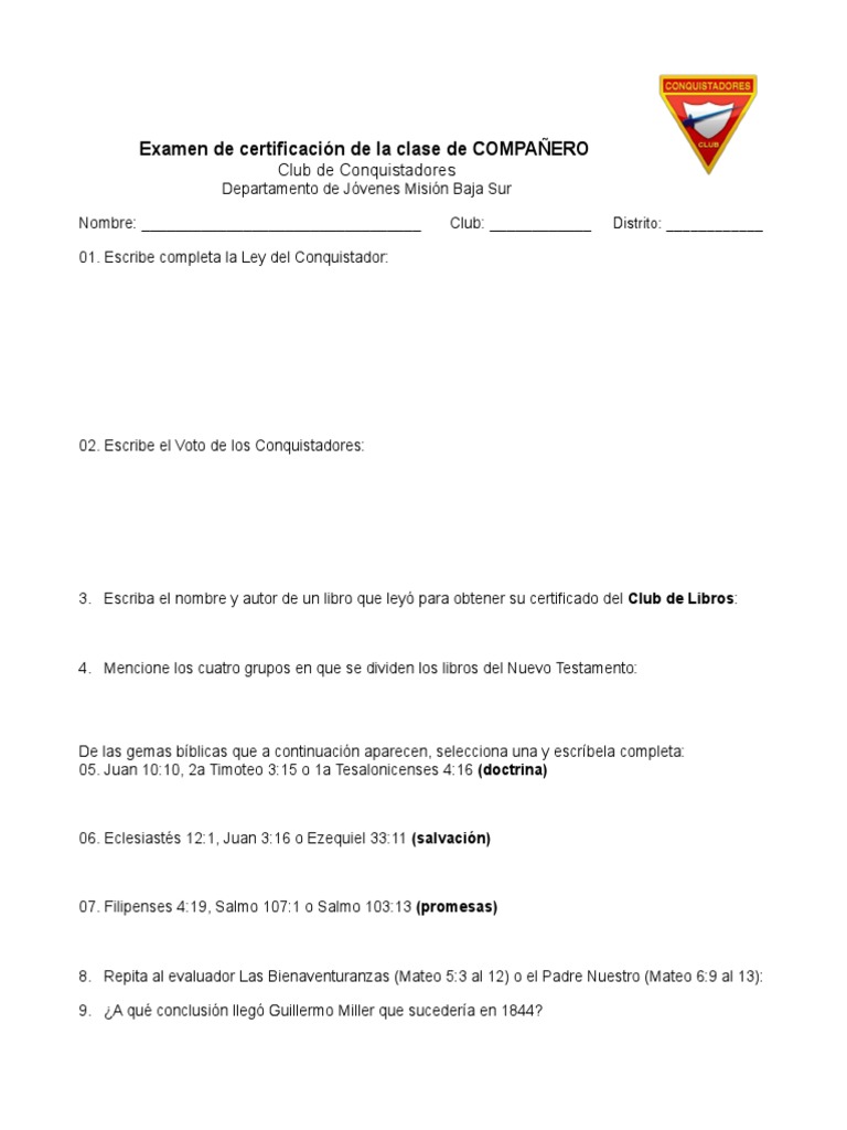 Examen de Certificación Compañero Conquistadores | PDF