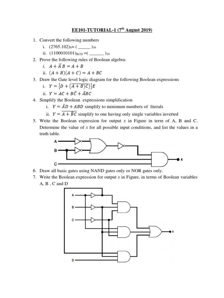 Ee101 Tutorial 1 | PDF | Boolean Algebra | Teaching Mathematics