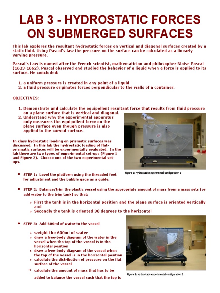 Lab 3 - Hydrostatic Forces On Submerged Surfaces | PDF | Pressure | Force