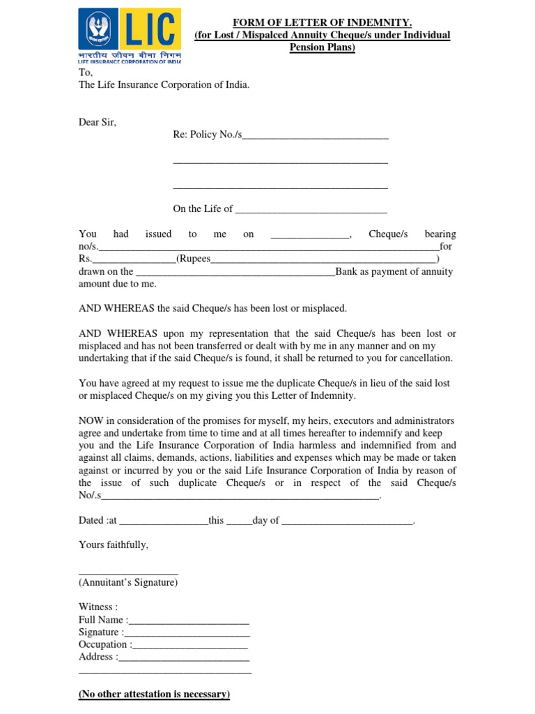 Indemnity Letter for Lost Annuity Cheque | PDF | Business | Finance ...