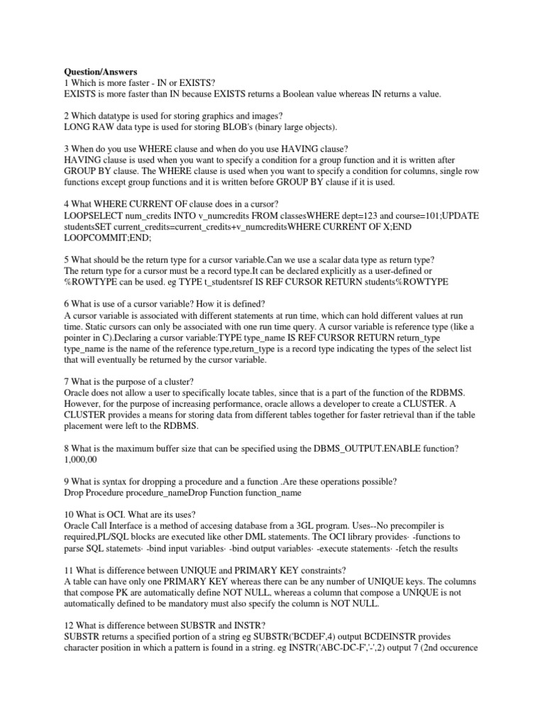 SQL - Questions & Answers | Download Free PDF | Pl/Sql | Parameter (Computer Programming)