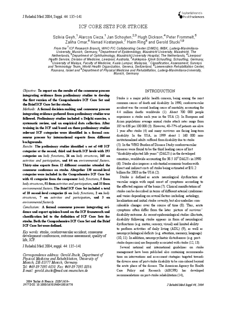 Icf Core Sets For Stroke | PDF | Stroke | Disability