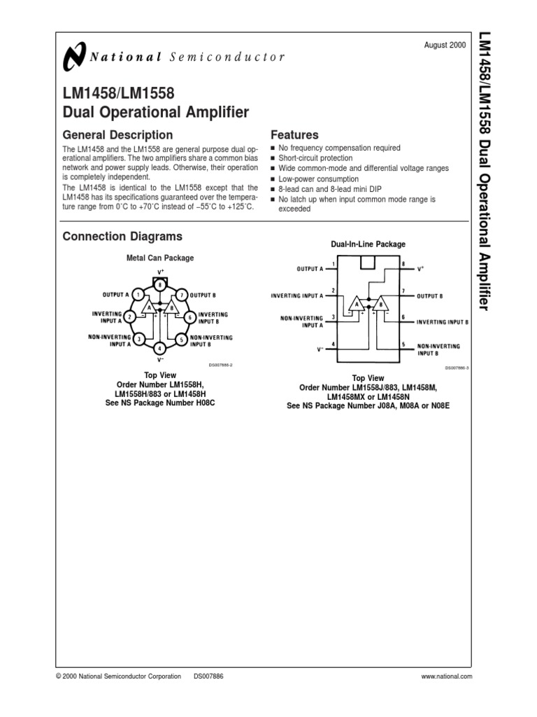 LM1458/LM1558 Dual Operational Amplifier: General Description Features ...