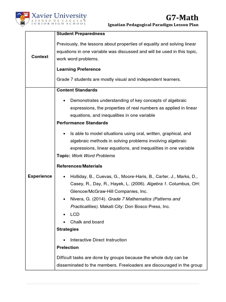 G7-Math: Ignatian Pedagogical Paradigm Lesson Plan Student Preparedness ...