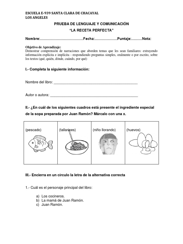 Prueba de Comprensión: "La Receta Perfecta" | PDF | Alimentos