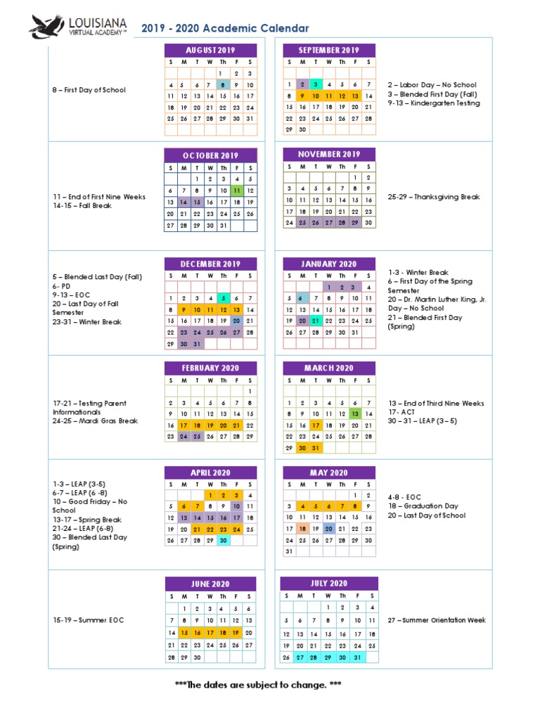 2019-2020 Lavca Student Calendar | PDF | Academic Term | Academia