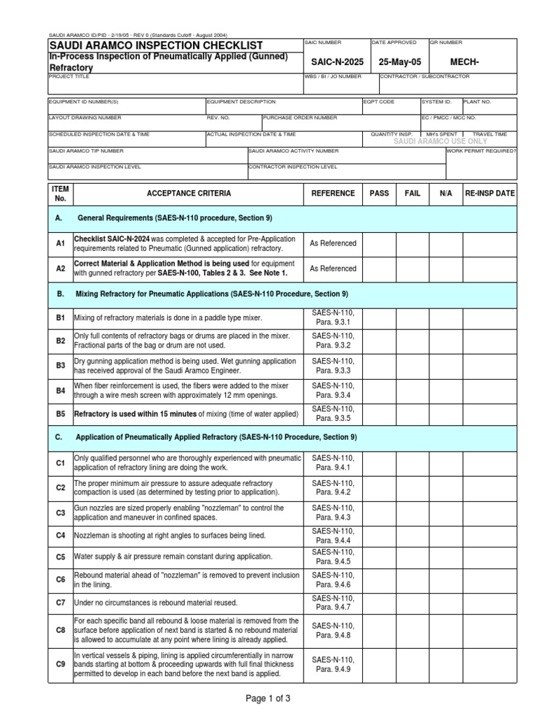 SAIC N 2025 in ProcessInspPneumaticallyAppliedRefract EL Rev | PDF | Refractory | Nature