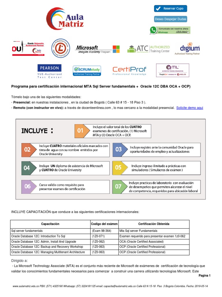 Capacitacion Programa para Certificación Internacional MTA SQL Server Fundamentals + Oracle 12C ...
