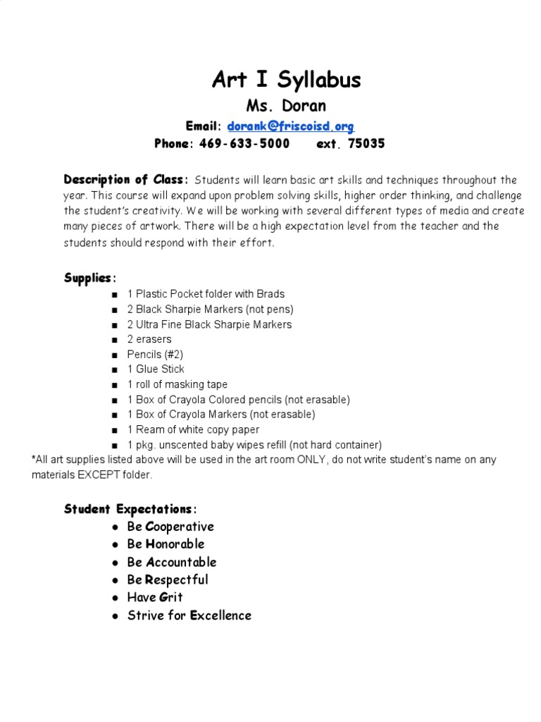 Art I Syllabus 1 | PDF | Homework | Educational Psychology
