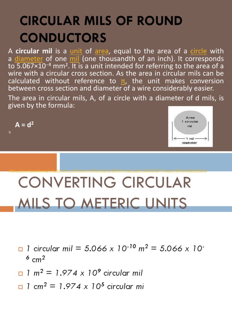 Circular Mils Of Round Conductors: unit area circle diameter mil π | PDF