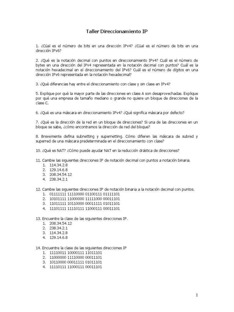 Taller Direccionamiento IP PDF | PDF | Dirección IP | Protocolos de comunicaciones