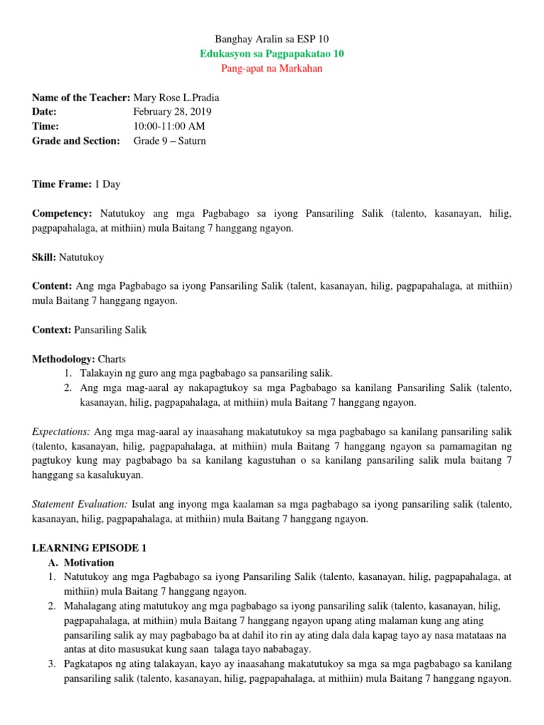 Banghay Aralin Sa ESP 9 | PDF