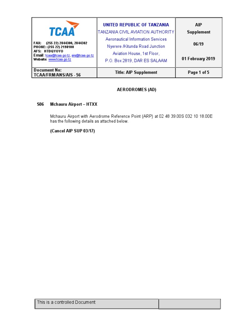 AIP SUP 06 2019 Mchauru Airport | PDF | Air Traffic Control | Aviation ...
