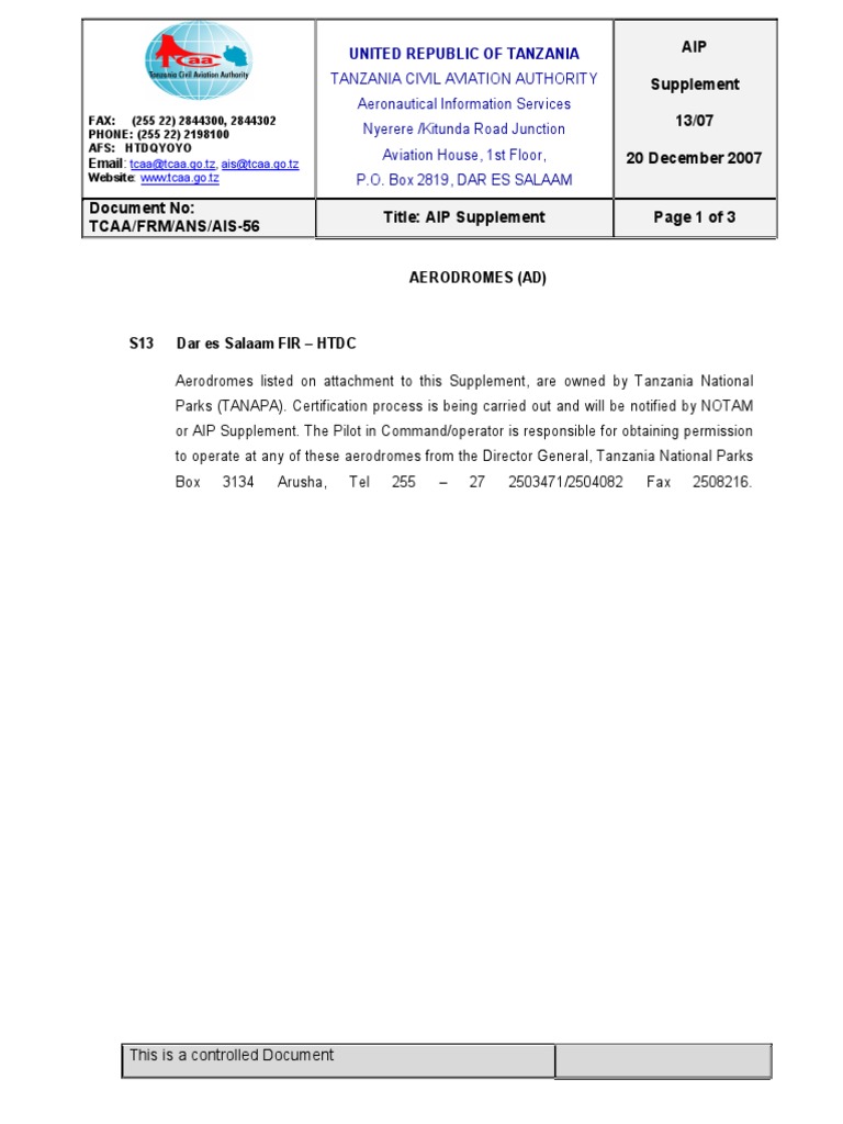 Aip Sup 13 2007 Tanapa Ad | Download Free PDF | Aerodrome | Tanzania