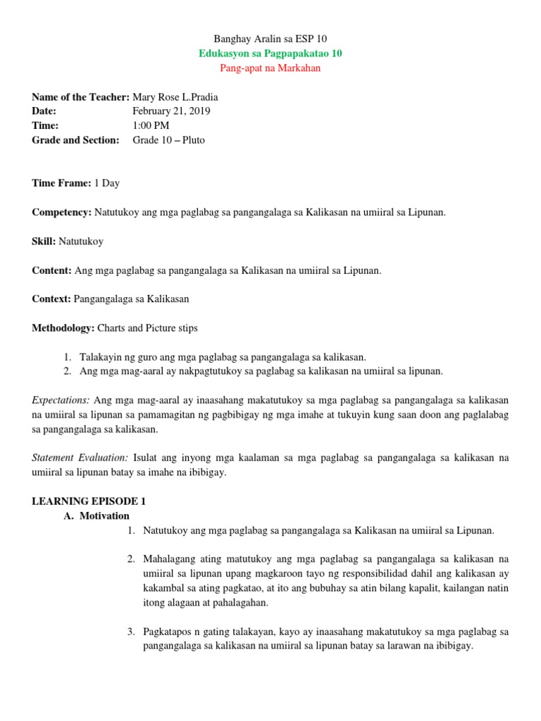 Banghay Aralin Sa ESP 10 | PDF