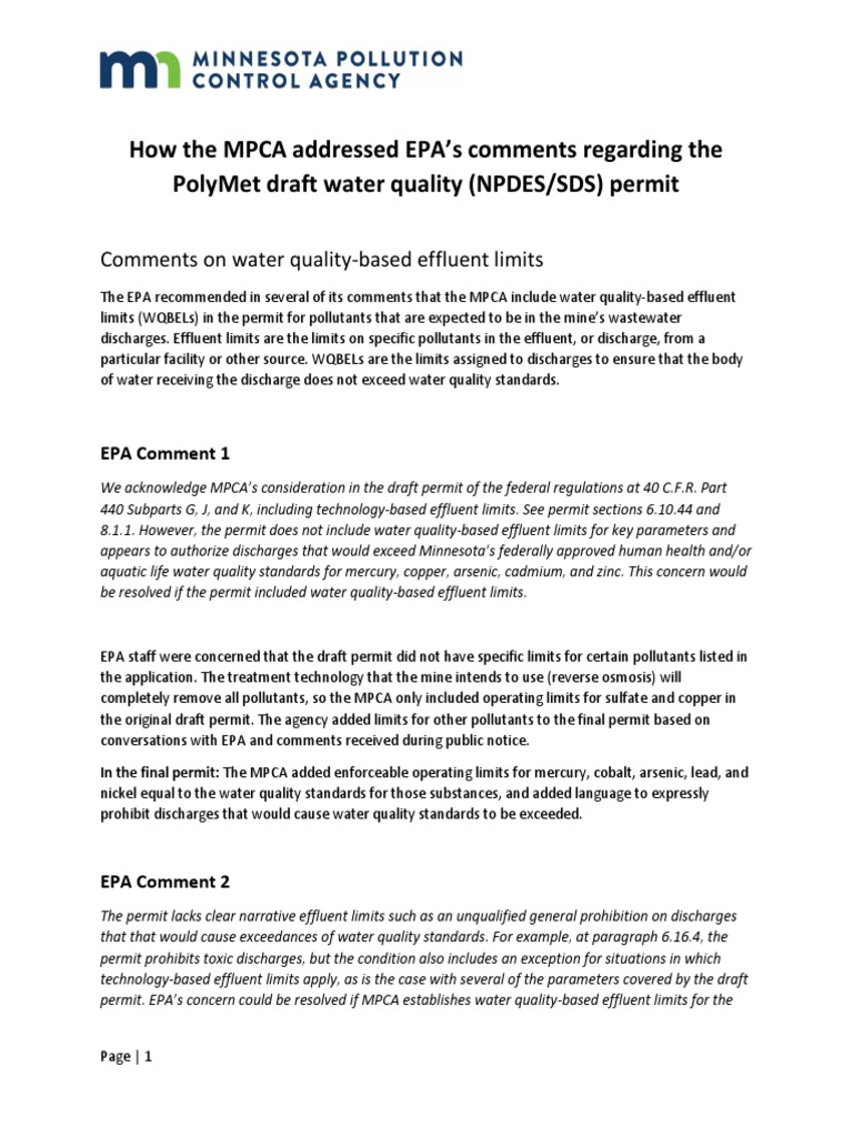 MPCA EPA PolyMet Comments | PDF | Clean Water Act | Stormwater