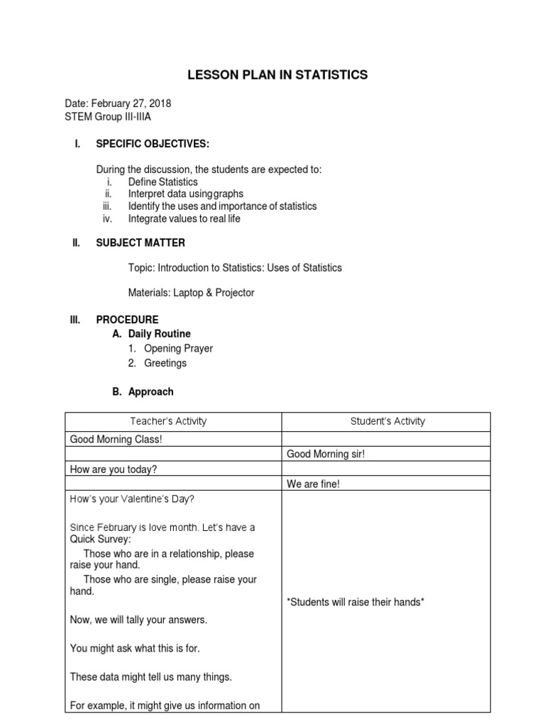 Lesson Plan in Statistics | PDF | Chart | Statistics