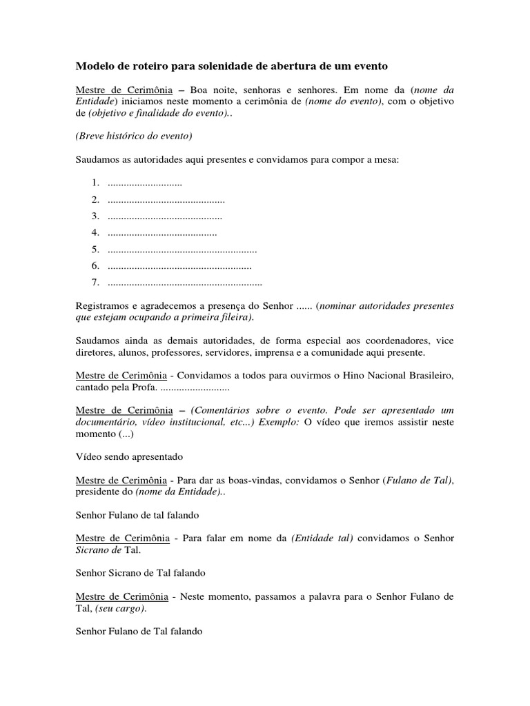 Modelo de Roteiro CERIMONIAL | PDF | Aberturas (xadrez)
