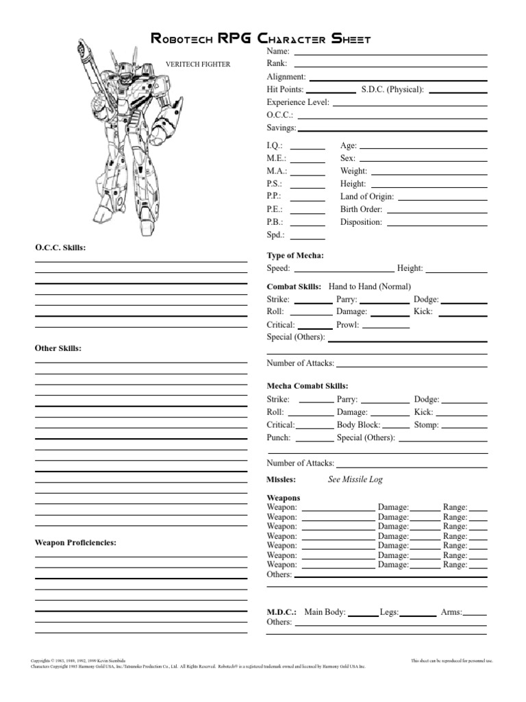 Robotech RPG Character Sheet: O.C.C. Skills: Type of Mecha | PDF ...
